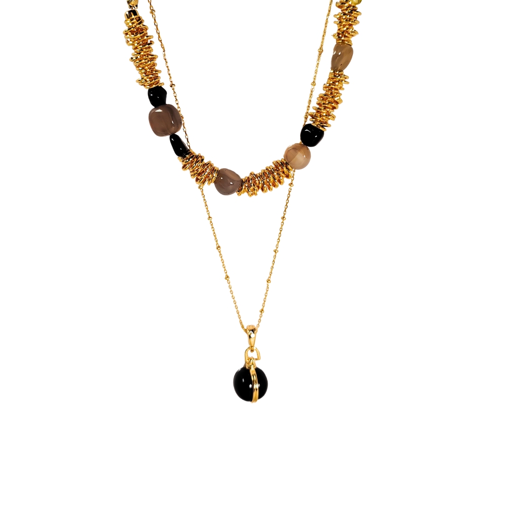 Midnight Elegance Black and Grey Agate Necklace with Gold Circles ...